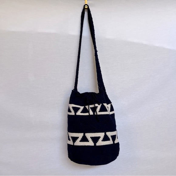None | Bags | Midnight Blue And White Crochet Bucket Boho Bag With ...